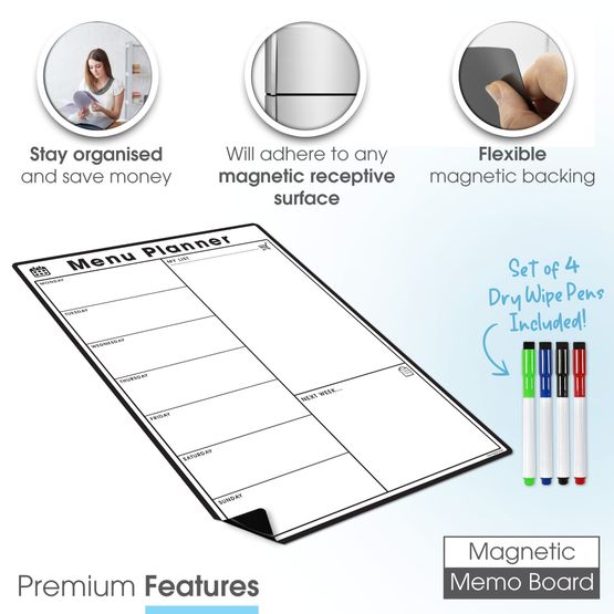 Magnetic Weekly Meal Planner & Menu Whiteboard With Pens from £8.95